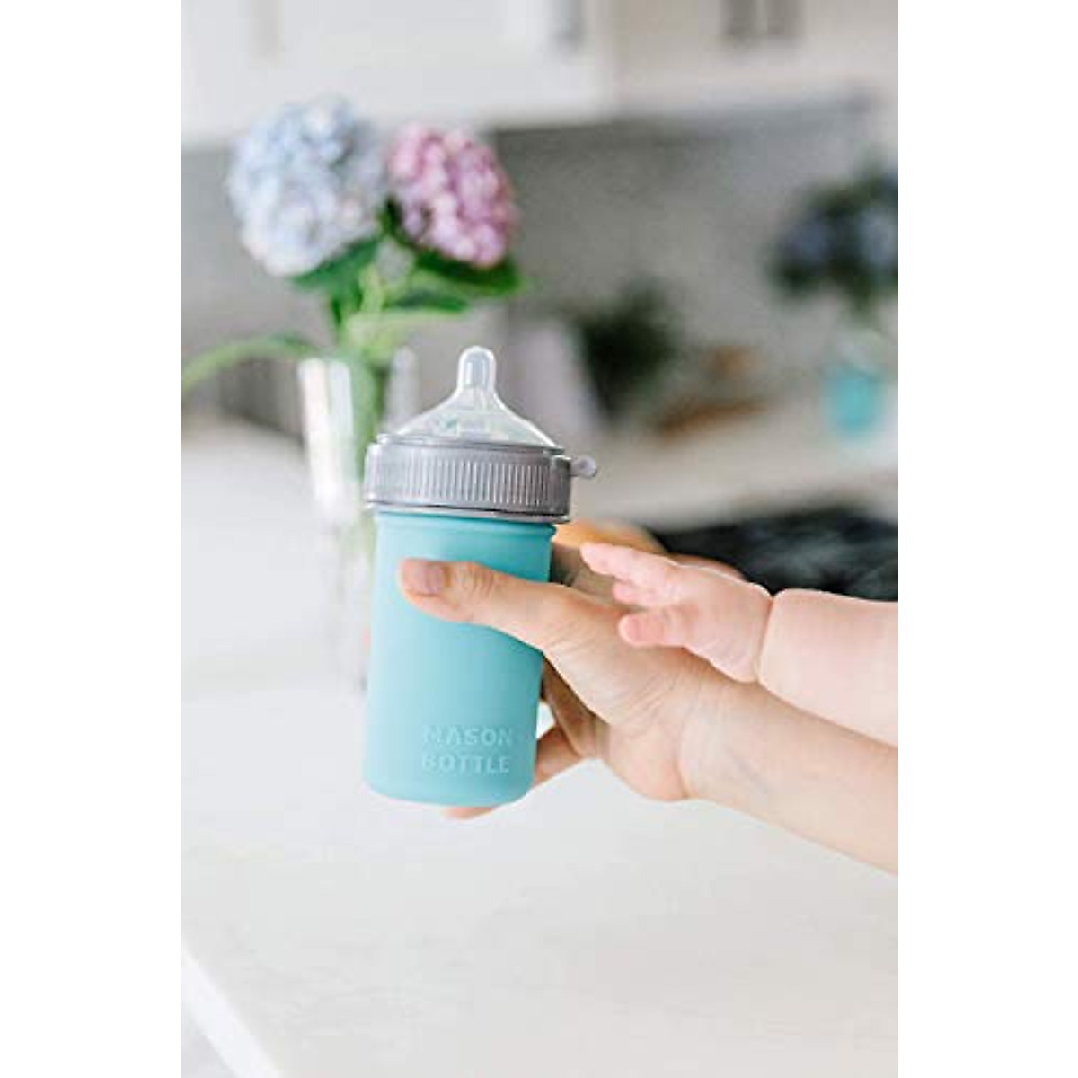 Mason Bottle Silicone Baby Bottle: Includes Silicone Nipple (Medium Flow Nipple for 3+ Months), Plastic Ring + Cap, 8 Ounce Silicone Bottle, BPA Free, Non-Toxic 100% Made in USA (1 Count)