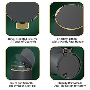 MRBIN Bathroom Round Trash Can with Lid, Small Metal Office Garbage Pail, 1.6 Gallon Waste Step Basket with Foot Pedal, for Bedroom, Kitchen, Dorm Decor Accessories, Grey