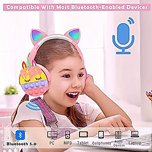 Astro Alan Kids Headphones, Unicorn Pop Bluetooth Wireless for Headphones Over Ear, Fidget Bubbles Cat Ear School Built-in Mic Foldable Girls Boys Women Tablet/iPad/Phone/PC(Pink) (02)