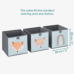 Navaris Kids Storage Cubes (Set of 3) - Storage Boxes 11x11x11" with Animal Designs - Children's Cube Bins Fabric Organizer Bin - Green Fox