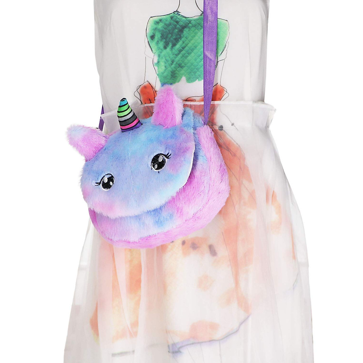 Little Girls Kids Toddler Unicorn Fuzzy Plush Crossbody Purse Rainbow Faux Fur Wallet Handbag