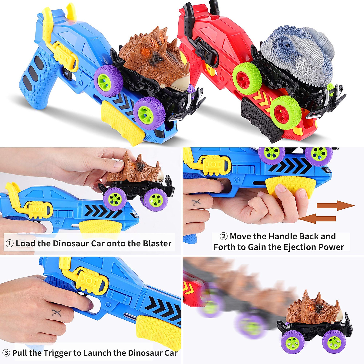 FiGoal 2 Pack Dinosaur Cars with Toy Gun Ejecting Friction Powered Dino Car Transforming Dinosaur Toys Car Gifts for Boys Girls Teacher Classroom Prize