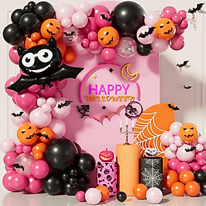 AobkDeco 111Pcs Halloween Balloon Garland Arch Kit with Black Orange Latex Balloons hot pink Balloons Spider Web Cute bats for Halloween Party Decoration Halloween Kids' Birthday Party Supplies