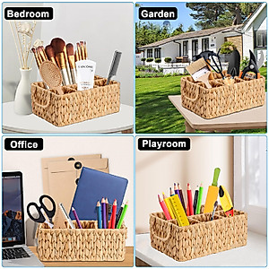 Niuirt Wicker Party Silverware Caddy, Water Hyacinth Plastic Cutlery Utensil Holder, Hand Woven with Handles, Kitchen Countertop and Picnic flatware Organizer (4 compartments)