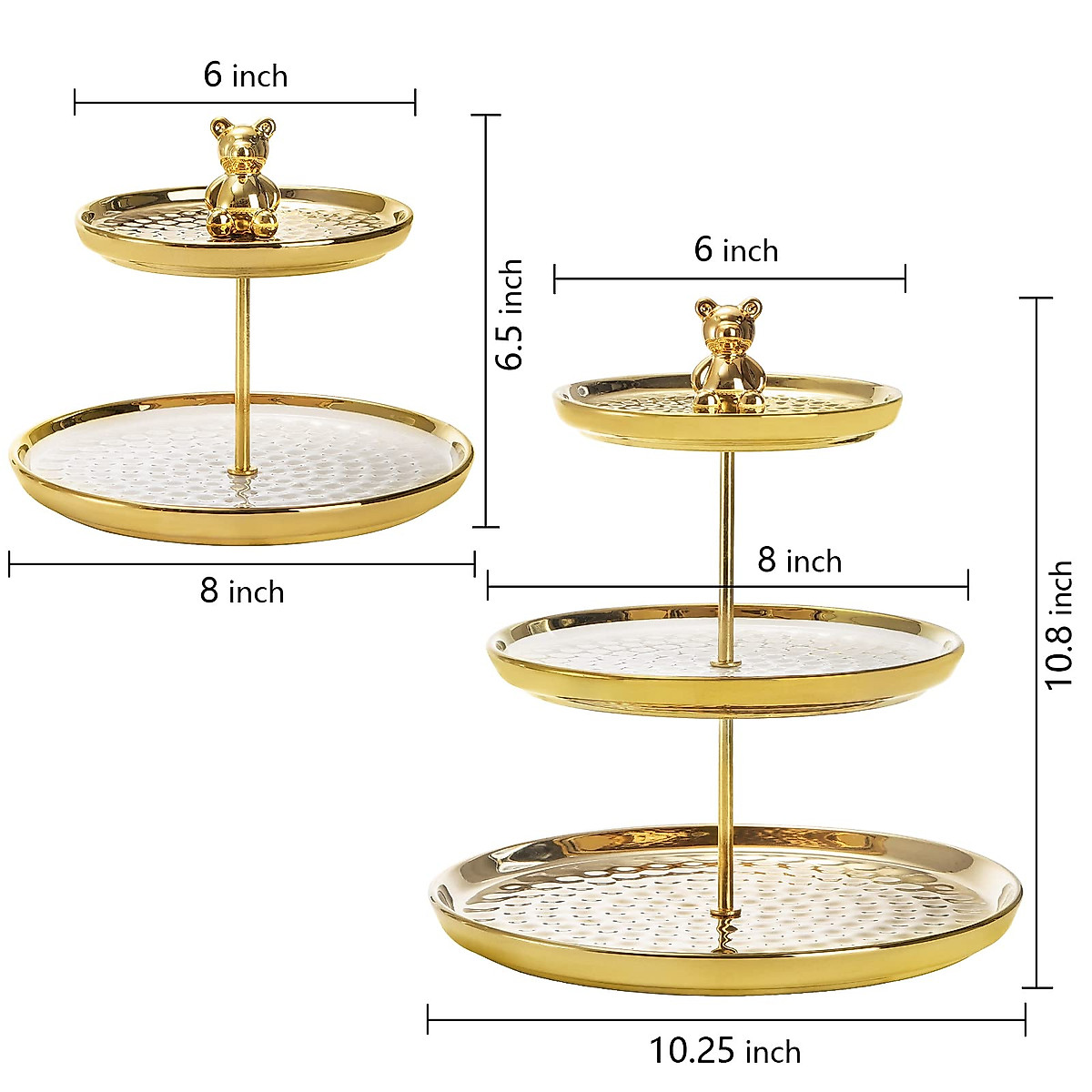 Tosnail Set of 2 Porcelain Cupcake Stand, Ceramic Dessert Stand Tiered Serving Trays, 3 Tiers and 2 Tiers Cake Stand Party Serving Trays, Fruit Pastry Holders for Wedding and Party - Gold Bear Rod