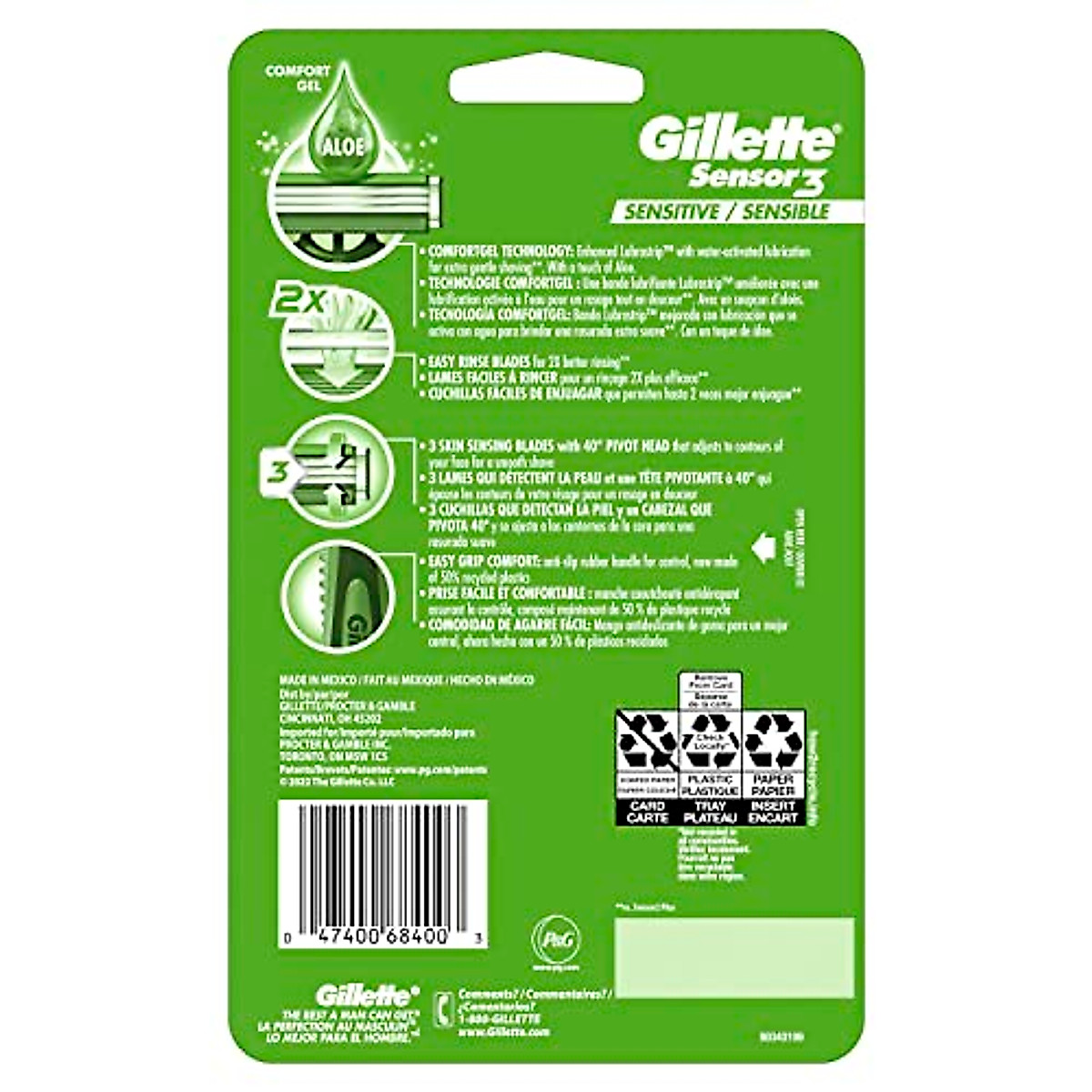 Gillette Sensor3 Sensitive Men's Disposable Razor, 12 Razors