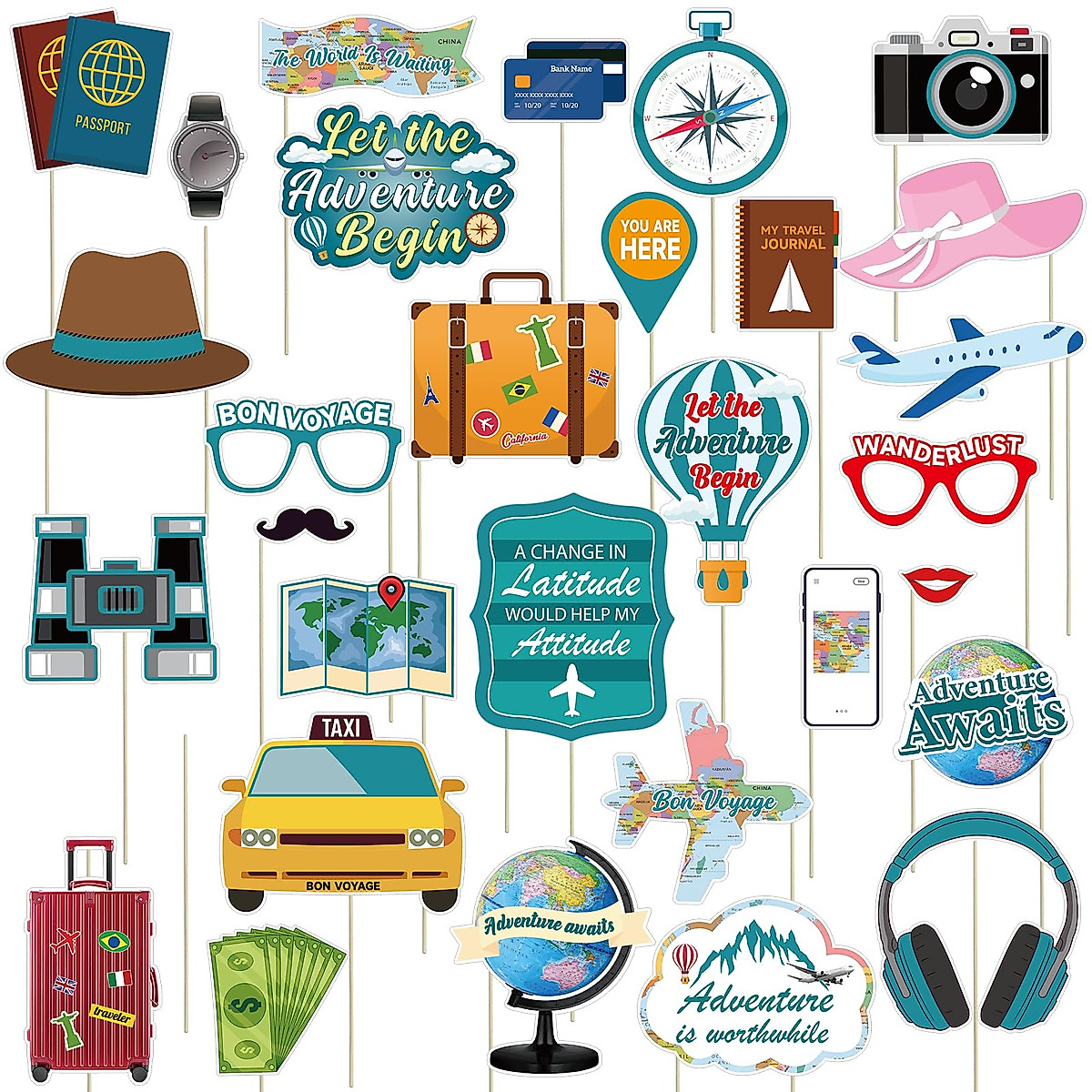 Let The Adventure Begin Photo Booth Props,31pcs Adventure Baby Shower Photo Props for Adventure Awaits Baby Shower,Adventure Awaits Party Decorations Travel Themed Party Supplies
