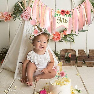 Dusty Pink 1st Birthday High Chair Floral Banner Decor Boho Floral 1st Birthday Hat Decorations 1st Birthday Cake Topper Baby Girl Banner Baby Shower Wall Hangings Decorative For Kids Bedroom