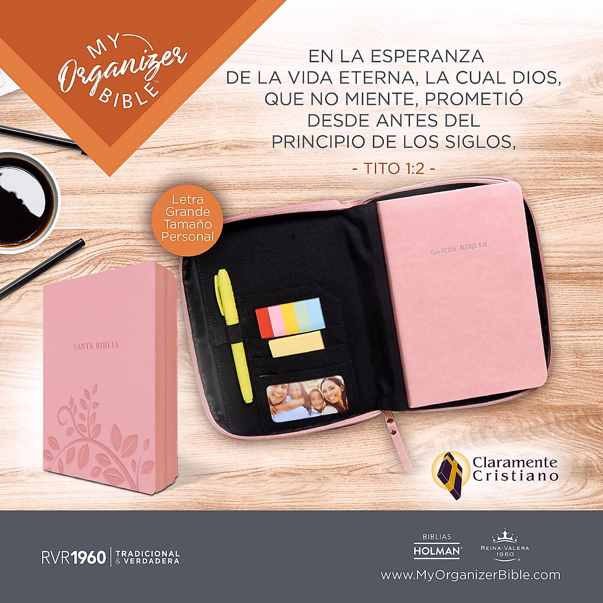 Biblia Letra Grande para Mujer con Cierre y Forro Organizador RV 1960 rosado con indice - My Organizer Bible
