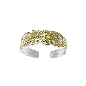 Arthur's Jewelry 925 sterling silver 2 tone yellow gold plated Hawaiian plumeria flower scroll 6mm cut out open toe ring
