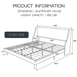 Einfach King Size Platform Bed Frame with Wingback Headboard/Fabric Upholstered Mattress Foundation with Wooden Slat Support, Dark Grey