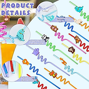 24 Reusable Jungle Animal Straws, Meetory Plastic Party Drinking Straws,Curly Crazy Straws with 20 Fruit Forks for Party Favor Kids Truck Decorations Birthday Supplies Gift, 12 Styles