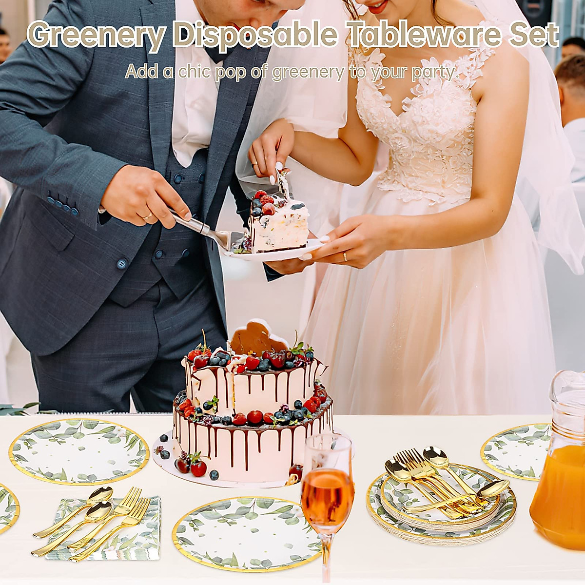 YHomU 126PCS Sage Green Party Supplies Greenery Paper Plates Napkins Cutleries Kit, Spring Eucalyptus Green Leaves Disposable Dinnerware Decor for Wedding Birthday Baby Shower