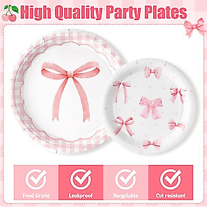 G1ngtar 96Pcs Pink Bow Party Plates Supplies - Coquette Cute Party Tableware Decorations Disposable Paper Plates Napkins Forks for Girl Bachelorette Bridal Engagement Birthday, Serves 24 Guests