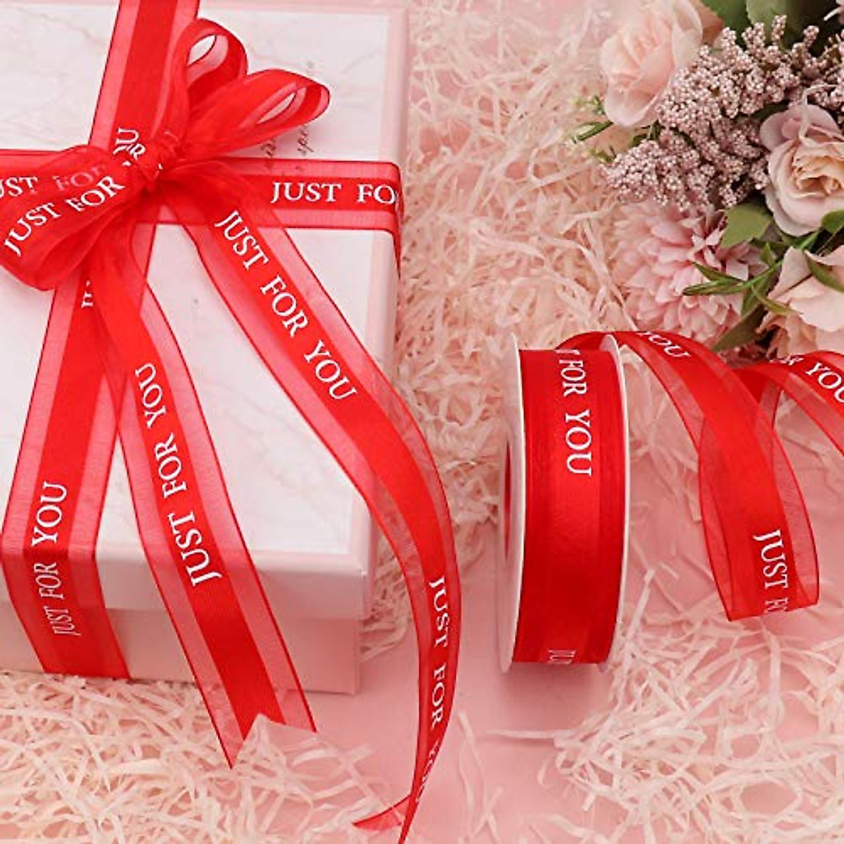 2 Rolls White Red Chiffon Ribbon, Printed Just for You Ribbon for Gift Wrapping, Wedding, Valentines Day, 22 Yards Organza Ribbon for DIY Crafts, Easter Decor