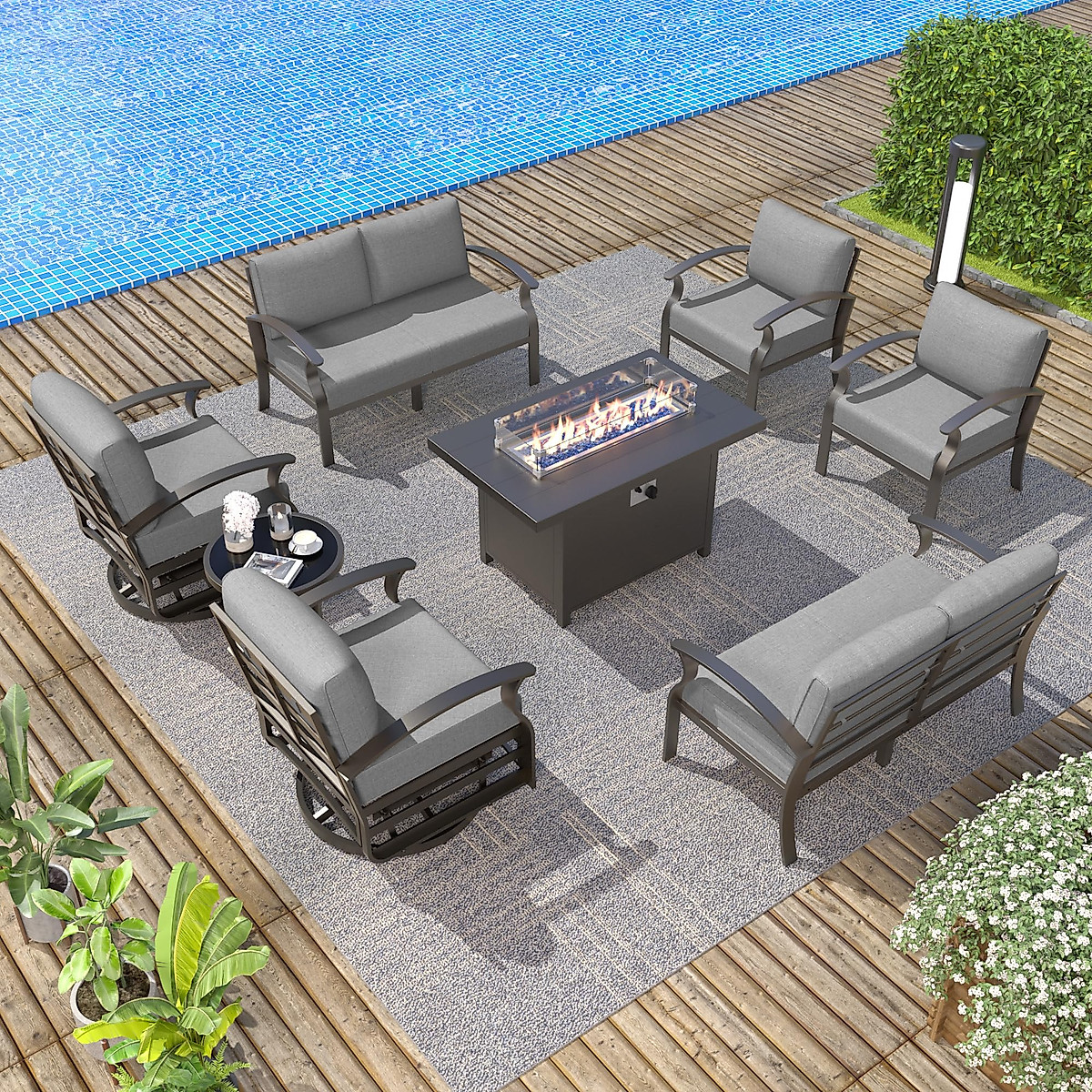 Piltwoff Aluminum Patio Furniture Set,8 Pcs Modern Patio Sectional Conversation Sets w/55,000BTU Propane Fire Pit,Outdoor Swivel Rocking Chairs w/5.1" Cushion&Coffee Table,Grey