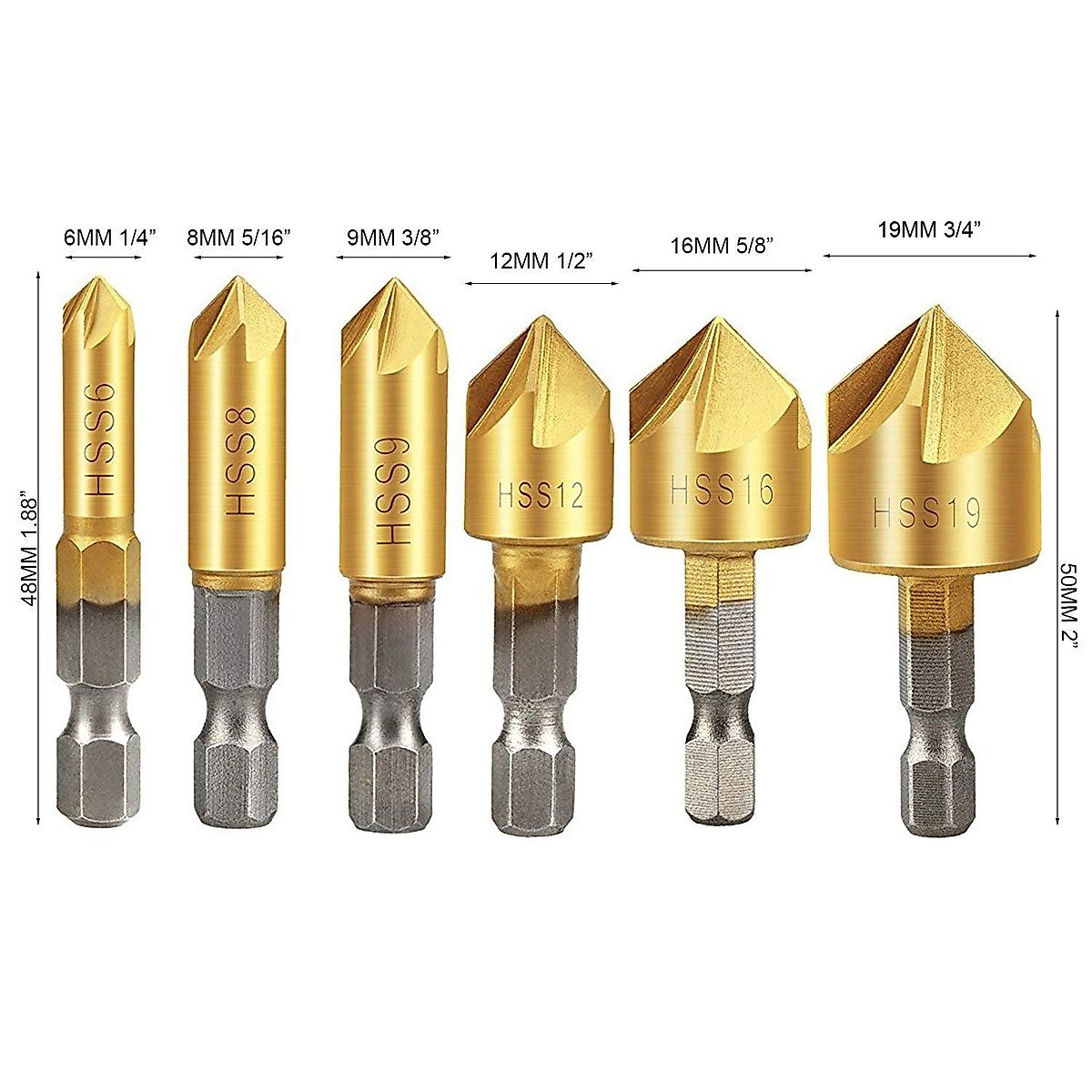 Countersink Drill Bit Set, Aplus HSS Countersink Drill Bit Set Hex Shank HSS Counterbore Reamer Countersink Chamfer Countersink Bit Set 6Pcs 5 Flute 90 ° Meter for Wood 1/4'' 6mm-19 mm