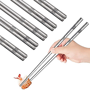 Chopsticks Reusable Metal Chopsticks 304 Stainless Steel Chopsticks Set Square Non-slip Dishwasher Safe Premium Quality Lightweight Reusable Chop Sticks Japanese Korean Laser Engraved 5 Pairs Gift Set