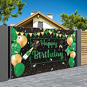 Green Black Gold Birthday Party Decoration Banner, Green Black Happy Birthday Backdrop Banner, Large Green Black Gold Birthday Banner Photo Background Party Decoration for Men Women Boys Girls