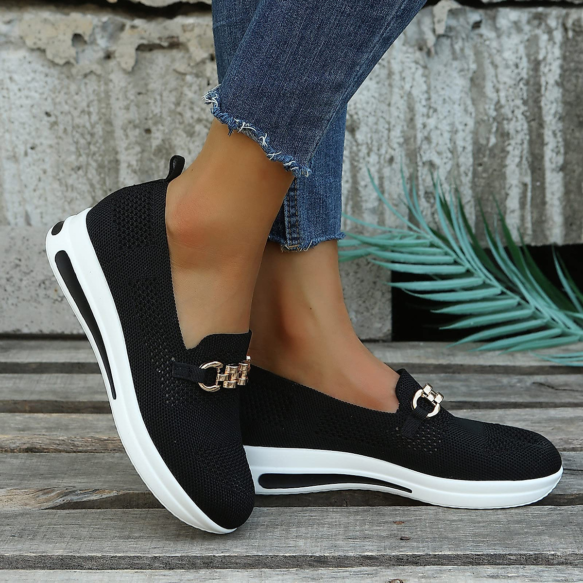 JWSVBF Summer Shoes Women's Athletic Braided Shallow Mouth Chains Deco Platform Sandals, Breathable Lightweight Running Fashion Sneakers, Slip On Comfy Non-Slip Travel Unisex Loafers Black