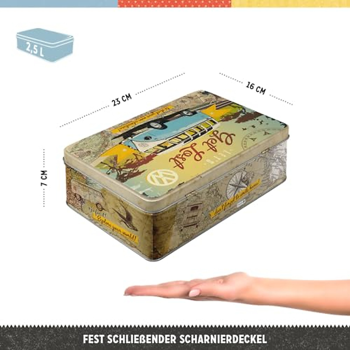 Nostalgic-Art Retro Storage Tin Box Flat, 84.5 oz, VW Bulli – Let's Get Lost – Volkswagen Bus Gift idea, Metal Can with Lid, Decorative vintage design
