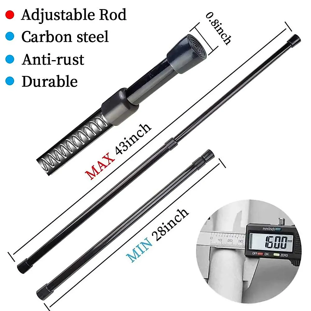 Spring Tension Curtain Rods 28-43 Inch Adjustable Spring Loaded Small Mini Extendable Heavy Duty Black Curtain Tension Rod For Kitchen, Bathroom, Window, Bookshelf,Closet