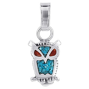 Owl Turquoise and Coral Gemstone Inlay Southwestern Style 925 Sterling Silver Pendant for Women