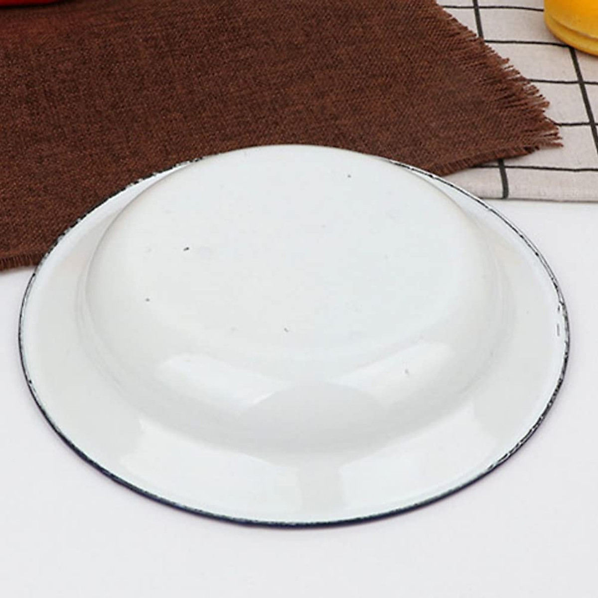 Ipetboom Enamel Plates 2pcs Enamelware Dinner Serving Platter Trays Retro White Round Shallow Bowls Vintage Enamel Basin Mixing Bowls with Blue Rim 18CM