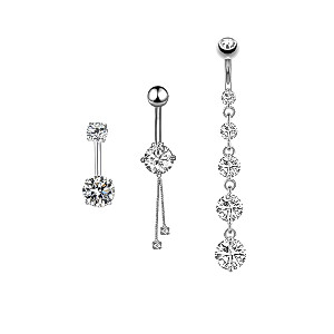 HQLA 14G Dangle Belly Button Rings Round Clear CZ Navel Curved Barbell Studs Surgical Steel Sexy Body Piercing 3 Pcs A Set (Steel)