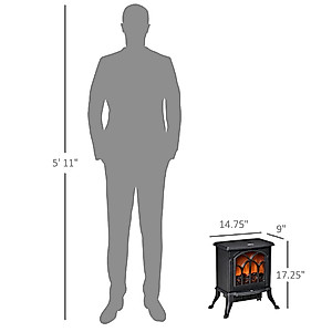 HOMCOM 17" Freestanding Electric Fireplace Stove, Fire Place Heater with Realistic Logs and Flame Effect, Adjustable Temperature, and Overheat Protection, 750W/1500W, Black