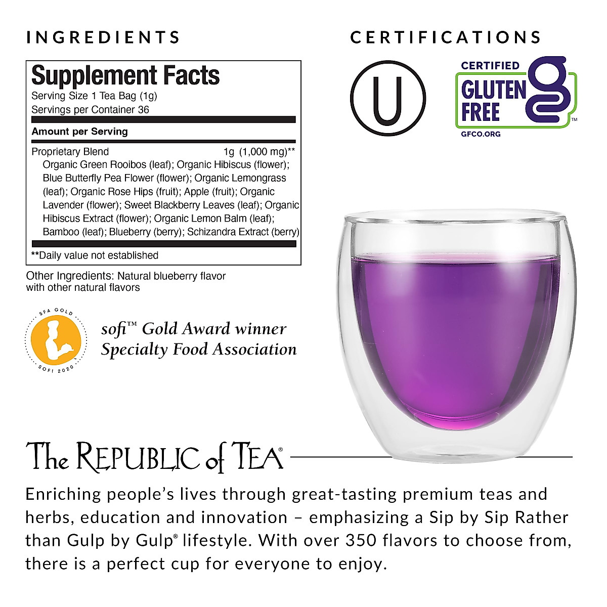 The Republic of Tea Beautifying Botanicals® Daily Beauty Blueberry Lavender Herbal Tea Bags(36 count)