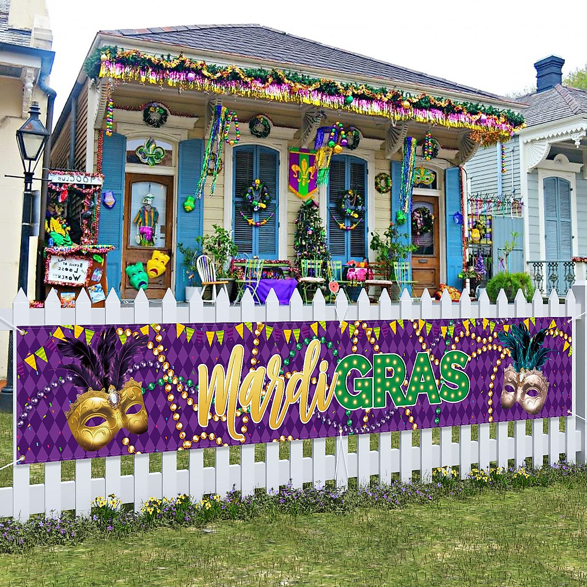 Probsin Large Mardi Gras Banner Outdoor Decorations 120" x 20" Fat Tuesday Yard Sign New Orleans Holiday Masquerade Party Supplies Carnival Backdrop for Garden House Fence Balcony Garage Gifts Lawn