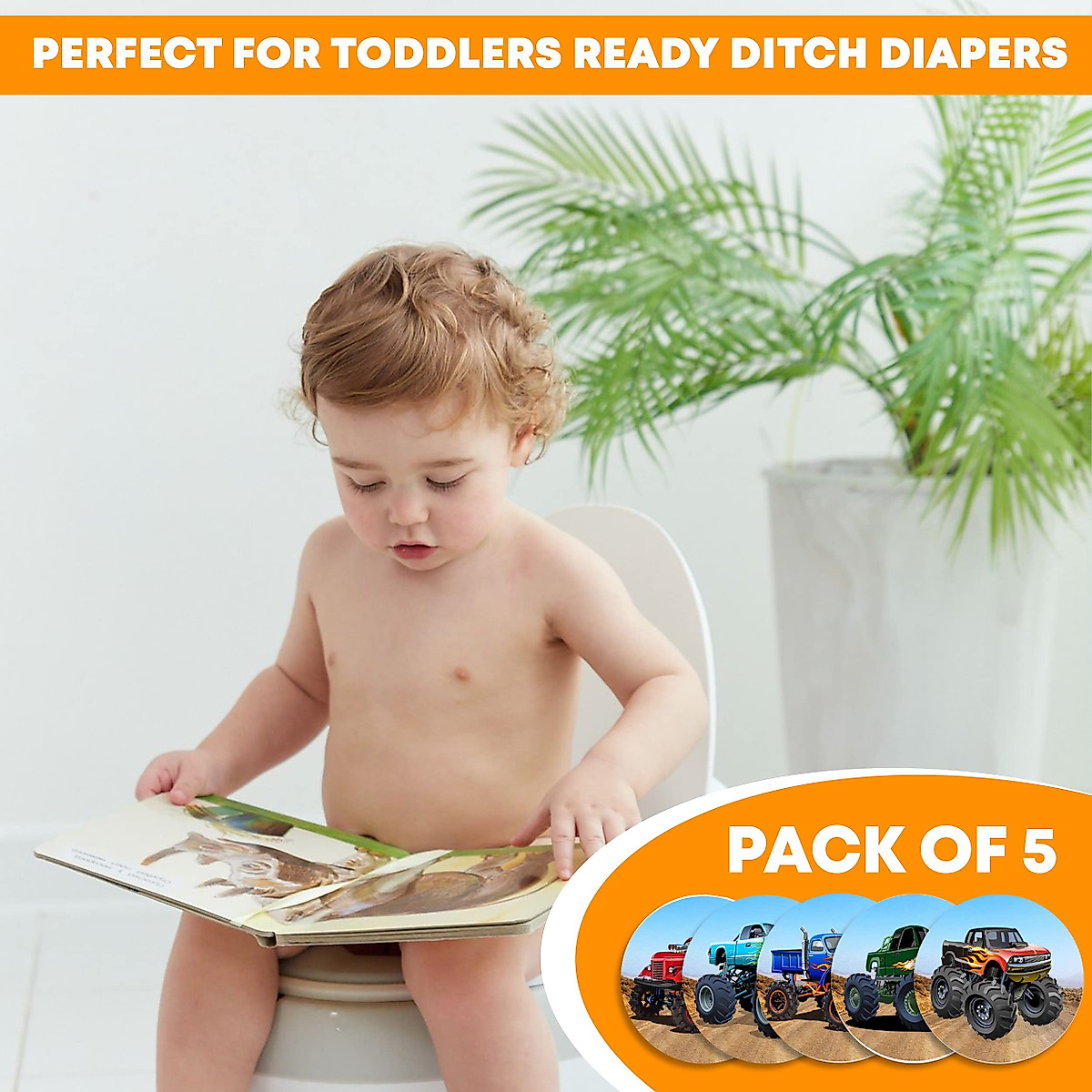 Potty Training Seat Magic Sticker |Monster Truck Toddler Potty Training Toilet Color Changing Sticker | 5Pack Toilet Targets with Free Potty ebook | Use with or Without Potty Chart or Potty Watch