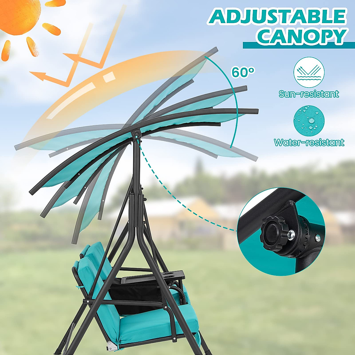 Tangkula 2 Person Porch Swing, Outdoor Swing with Pivot Storage Table, Cooler Bag, 2 Cup Holders, Removable Cushions, Patio Swing with Canopy for Backyard Balcony Poolside (Turquoise)