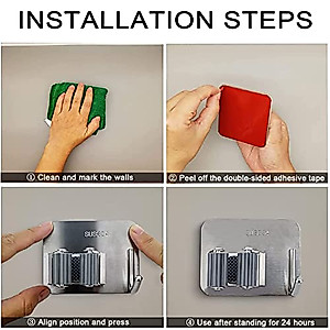 BAOSHILI 3 Pack Mop Broom Holder,No Drill Wall Mount Self Adhesive Broom Organizer with Mopping Cloth Hooks,Stainless Steel Garage Storage Cleaning Tool Hanger for Bathroom, Kitchen, Laundry