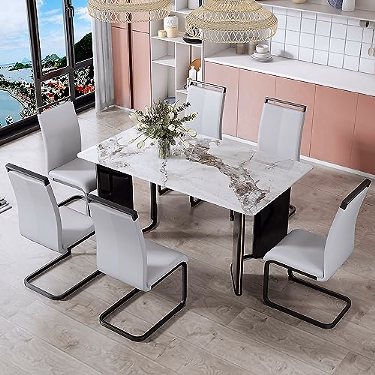 Goderfuu Glass Dining Table for 6 People, 63 inch Modern Kitchen Table with Black Wood Base, White Marble Textured Glass Dining Table Pedestal Dinner Table, Faux Marble Dining Table for Dining Room