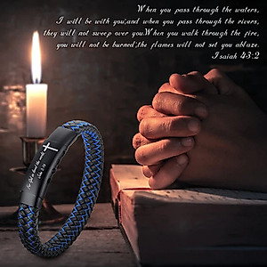 MEALGUET Be still and know that I am God. Psalm 46:10 Bible Verse Religious Bracelets Christian Cross Scripture Engraved 2-tone Black Blue Braided Leather Bracelet for Men