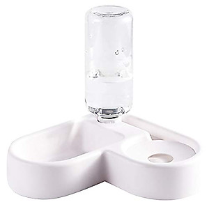 Creative Corner Shape Pet Feeder Bowl Plastic Double Bowls with 500ml Automatic Water Dispenser Bottle Anti- Slid Feeder Household Pet Supplies ( White )