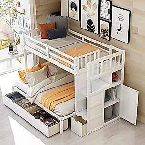 CITYLIGHT Bunk Beds Twin Over Full/Twin with Stairs, Wood Bunk Beds with Storage Drawers and Shelves, Convertible Bottom Bed, Stairway Bunk Bed for Bedroom,Dorm,White