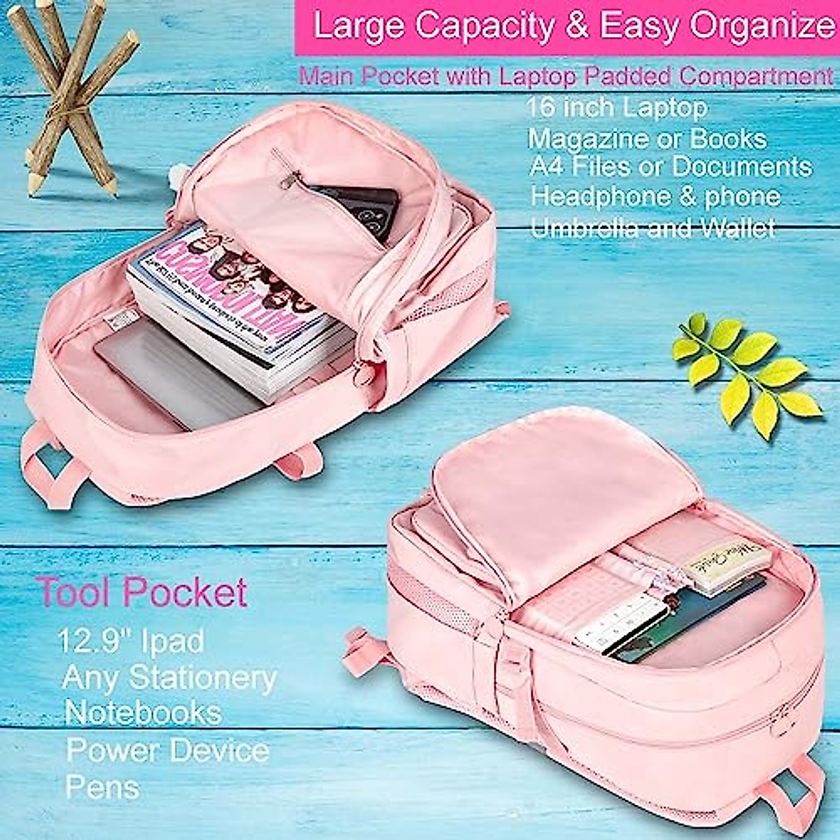 Laptop Backpack for Girls, Women College School Bookbag, 15.6" Cute Aesthetic Computer Water Resistant Anti Theft School Bags for Teens Girls Students - Pink
