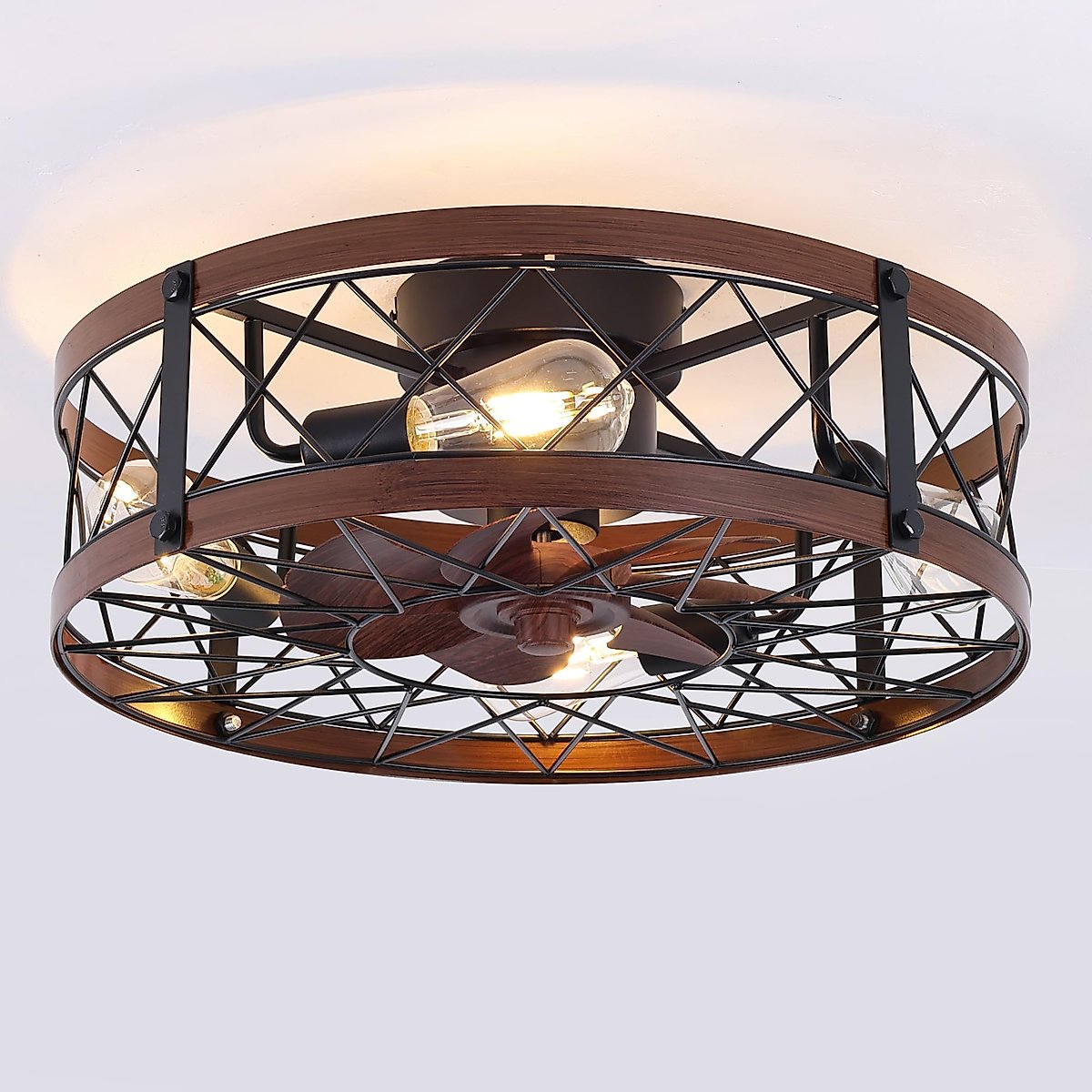 REDSTAR Retro Small Ceiling Fan with Light Remote Control, Ceiling Fans with Lights Flush-Mount, Low-Profile Ceiling Fan with Light, Caged Ceiling Fan with Light (Black)