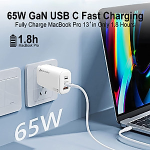 65W USB C Charger 3-Port GaN Fast Charger USB-C Block Acoucou Compact Foldable USB Wall Charger with 5ft Type-C Cable for Laptop, Dell XPS, Phone 15/14/13, tablet, Galaxy S23, Pixel 7, Steam Deck