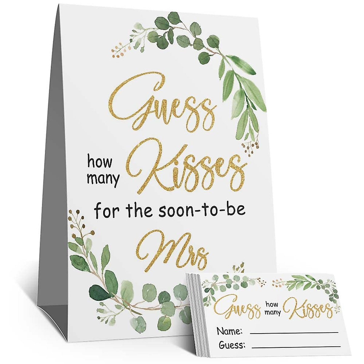 How Many Kisses Bridal Showers Game Sign and Cards, Eucalyptus Leaf Bride Shower Party, Guess how many Kisses for the soon to be Mrs, Golden Bride Shower Suit (1 Sign+50 Cards)