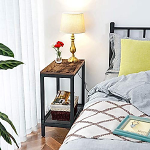 HOOBRO Side Tables, Set of 2 Narrow Nightstands, Industrial End Table with Flat or Slant Adjustable Mesh Shelf for Small Spaces, Stable Metal Frame and Easy Assembly, Rustic Brown and Black BF24BZ01