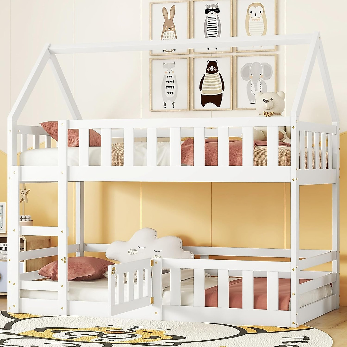 MERITLINE House Bunk Bed with Fence and Door, Wood Kids Bunk Beds Twin Over Twin with Roof, Floor Bunk Bed Loft Beds for Girls Boys, Easy Assembly, White
