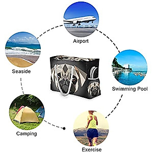 ALAZA Cute Pug Dog Face Animal Print Fun Large Beach Bag For Women Tote Bags Reusable Grocery Shoulder Bag with Zipper Closure Pocket