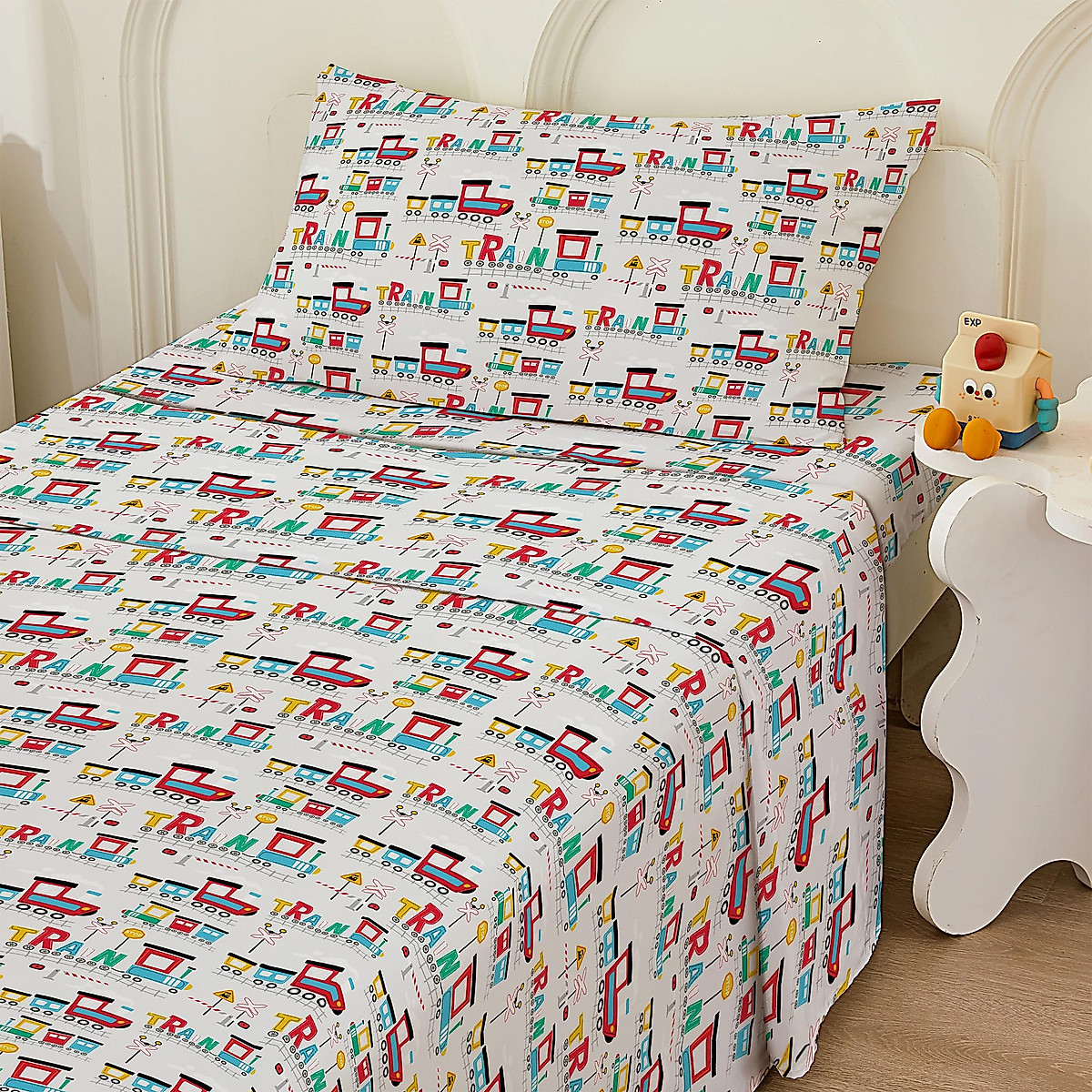 Bedmoon Boys Twin Sheets, Kids Train Bed Sheet Set with Non-Slip Fitted Sheet, Boys Soft Microfiber Twin Sheets & Pillowcases, Red Blue