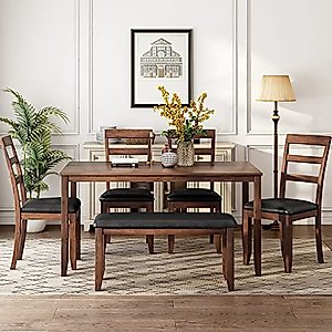 ODC 6-Piece Dining Set, Wooden Rectangular Kitchen Table with Bench and 4 Padded Chairs w/Fabric Cushion, Family Furniture for Six People, 7-Espresso