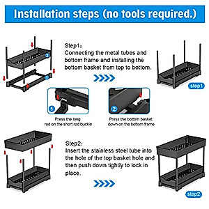 Under Sink Organizers and Storage,2 Pack 2 Tier Pull Out Drawers Sliding Under Cabinet Organizer, Bathroom Organizer Under Kitchen Sink Storage, Under Sink Shelf Baskets with 4 Cups 8 Hooks,Black
