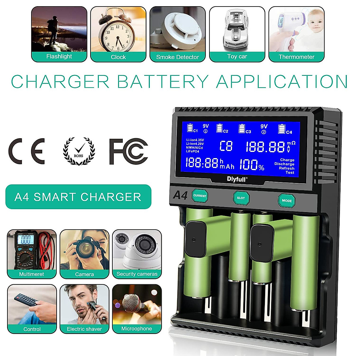 9V 18650 Rechargeable Battery Charger, Universal Battery Charger for 18650 AA AAA C D 9V 26650, Household Li-ion Nimh Battery Charger with Smart Display, 6 Bay(2 9V Battery Bay and 4 Universal Bay)